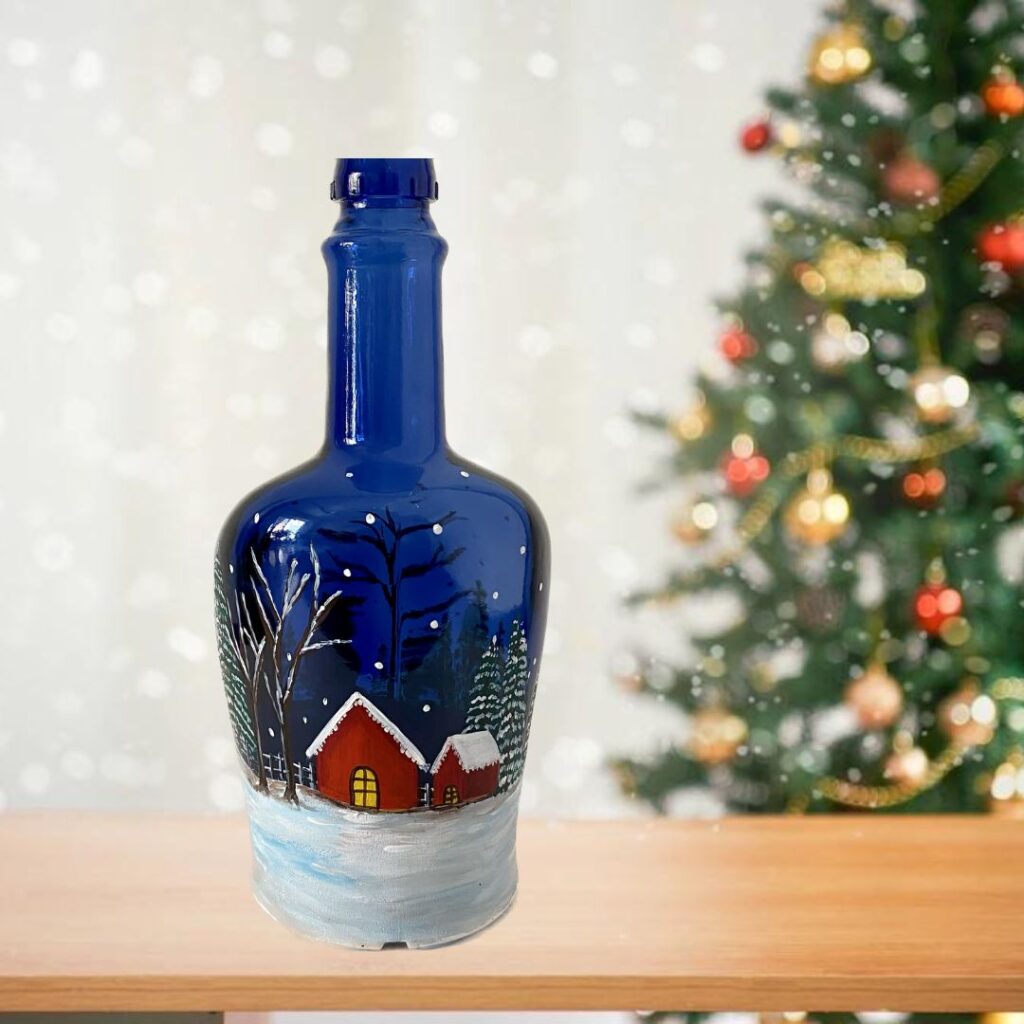 Hand Painted Xmas Bottle with Winter Scene | imagicArt